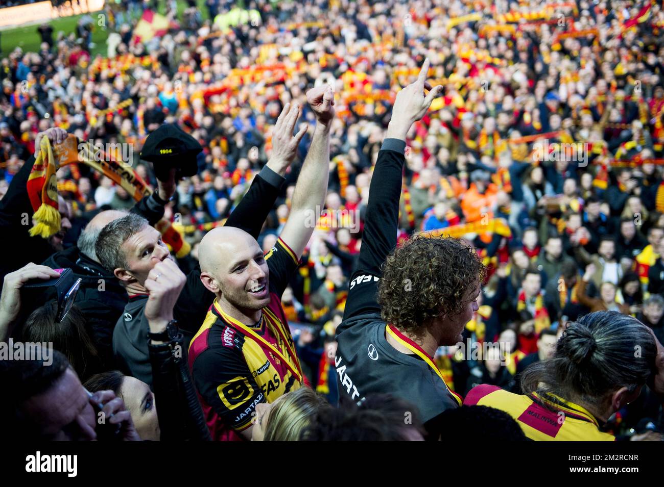Mechelen's players and Mechelen's supporters celebrate during the ...
