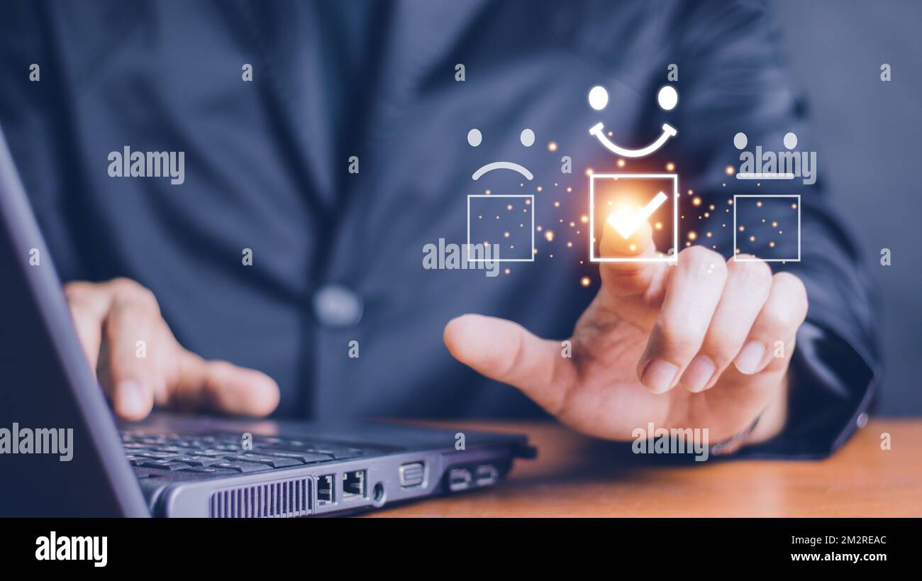 Customer service evaluation concept. Businessman pressing face smile ...