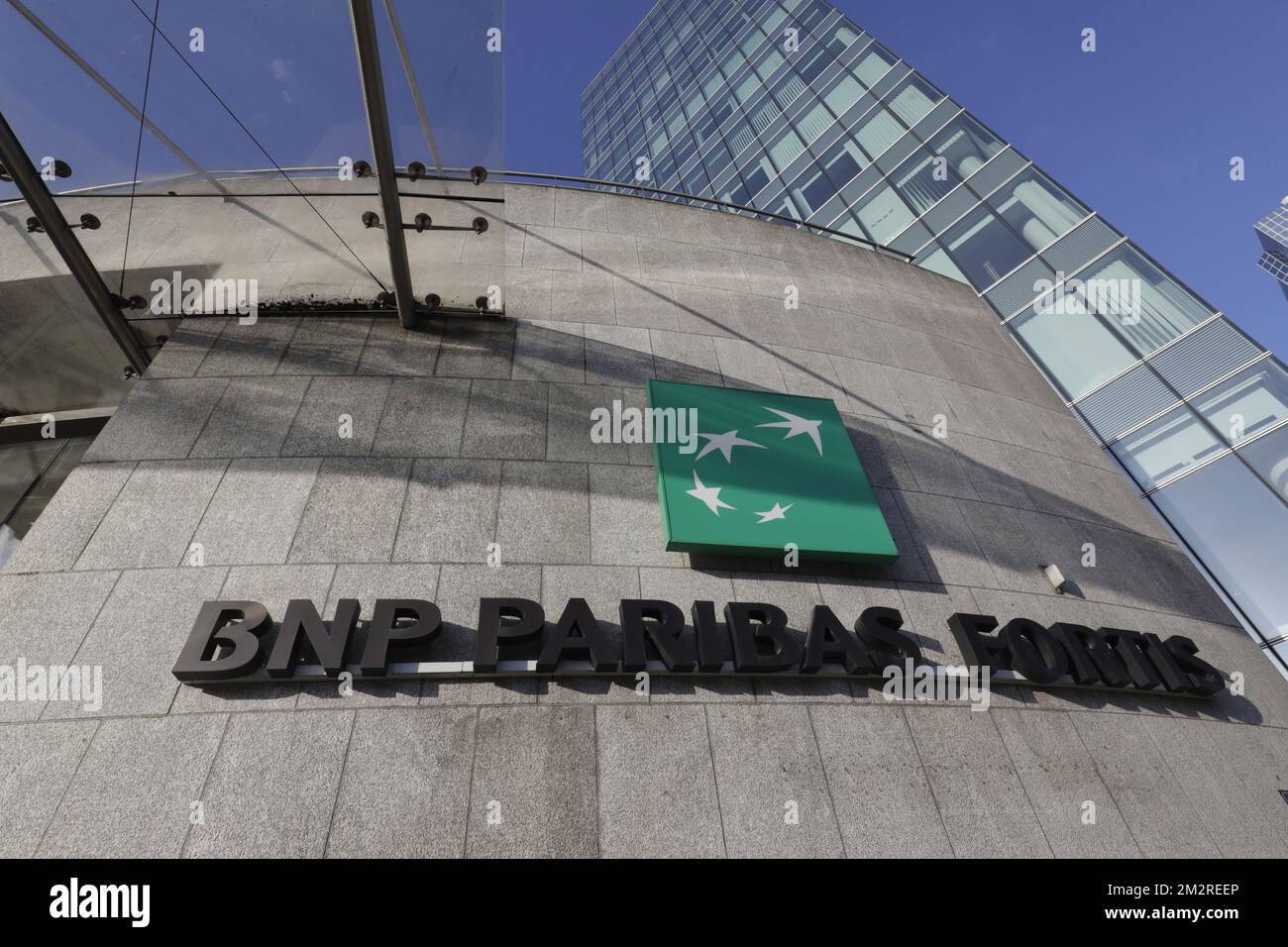 Illustration shows BNP Fortis Bank logo near North station, in Brussels ...