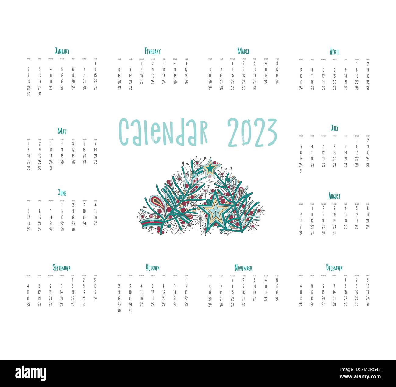 Calendar 2023 poster, doodle stylized stars decoration and Christmas ...