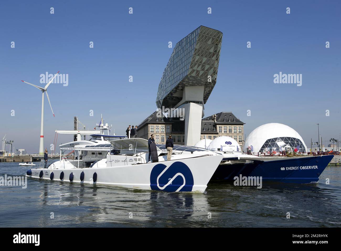 Illustration shows a visit of the boat, the Energy Observer special ...