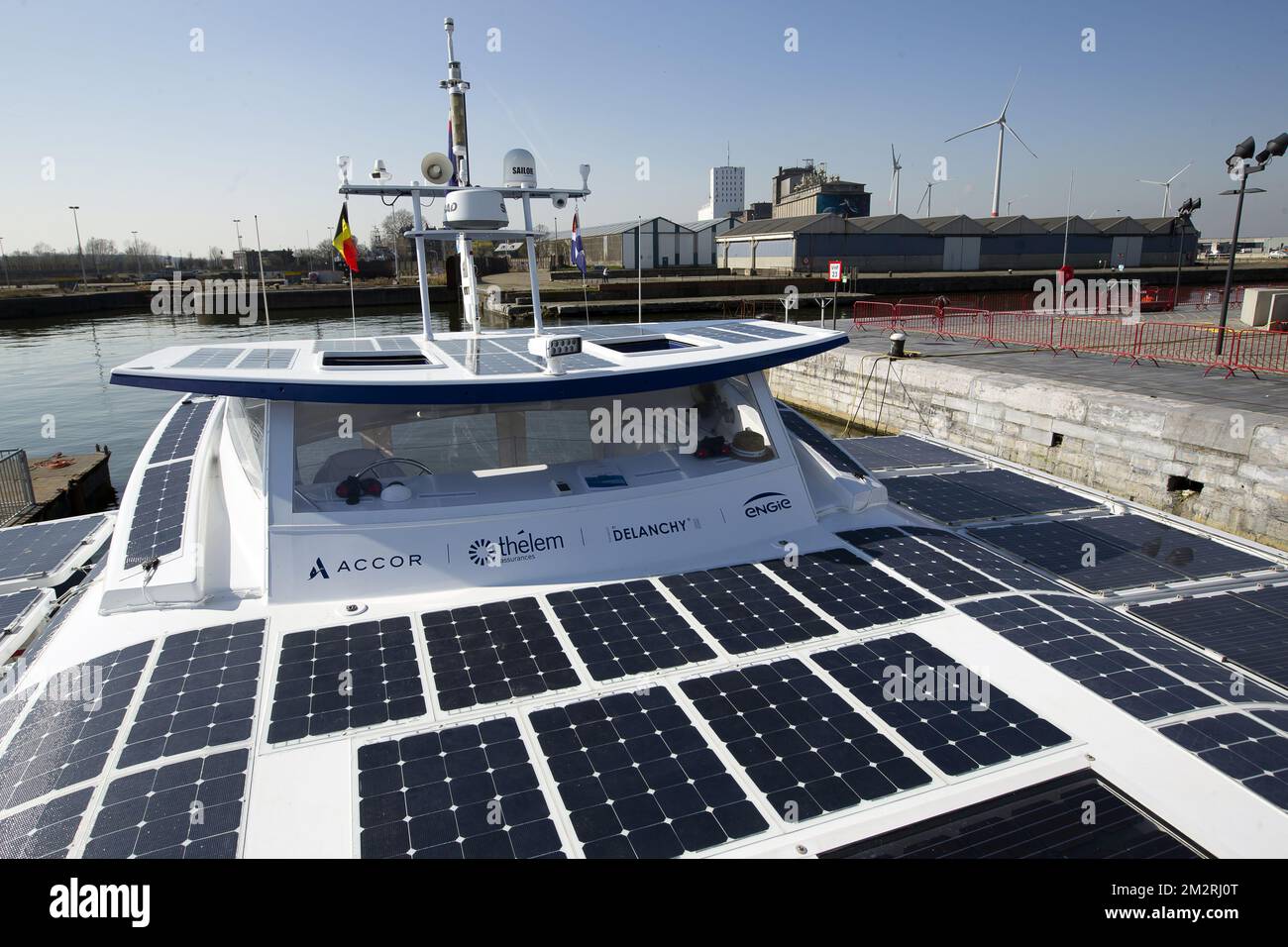 Illustration shows solar panels during a visit of the boat, the Energy ...