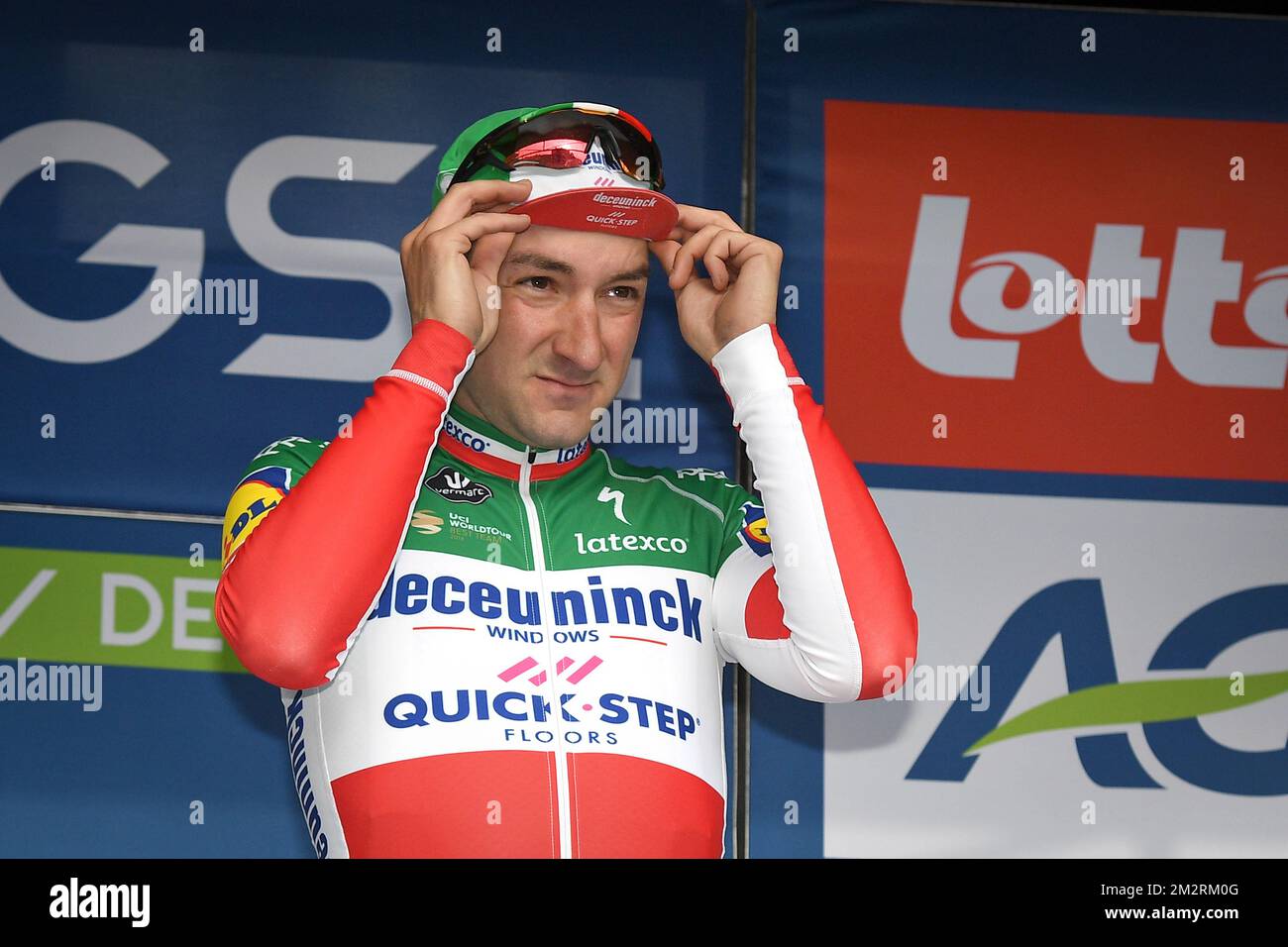 Italian Elia Viviani of Deceuninck - Quick-Step on the podium of the ...
