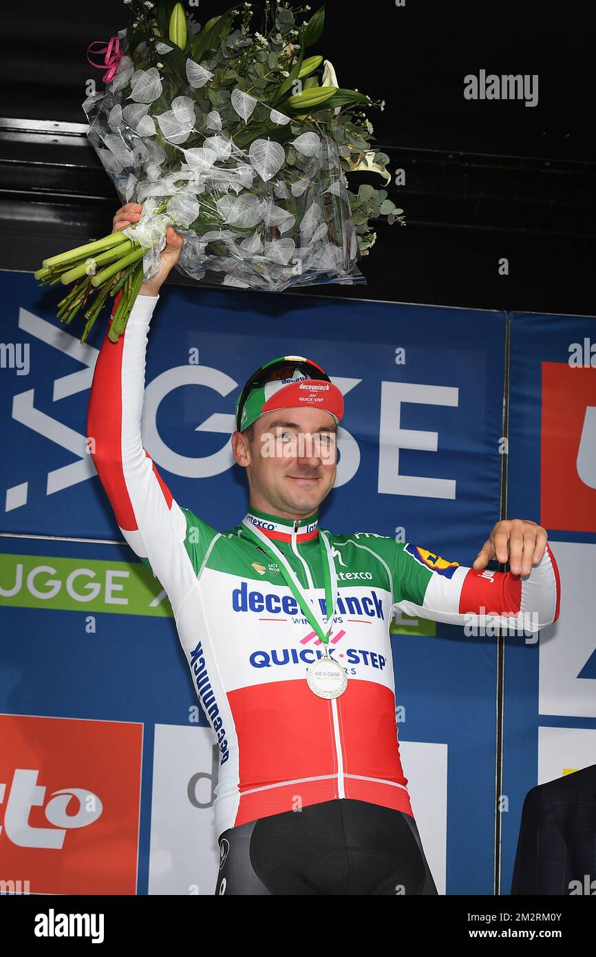 Italian Elia Viviani of Deceuninck - Quick-Step on the podium of the ...