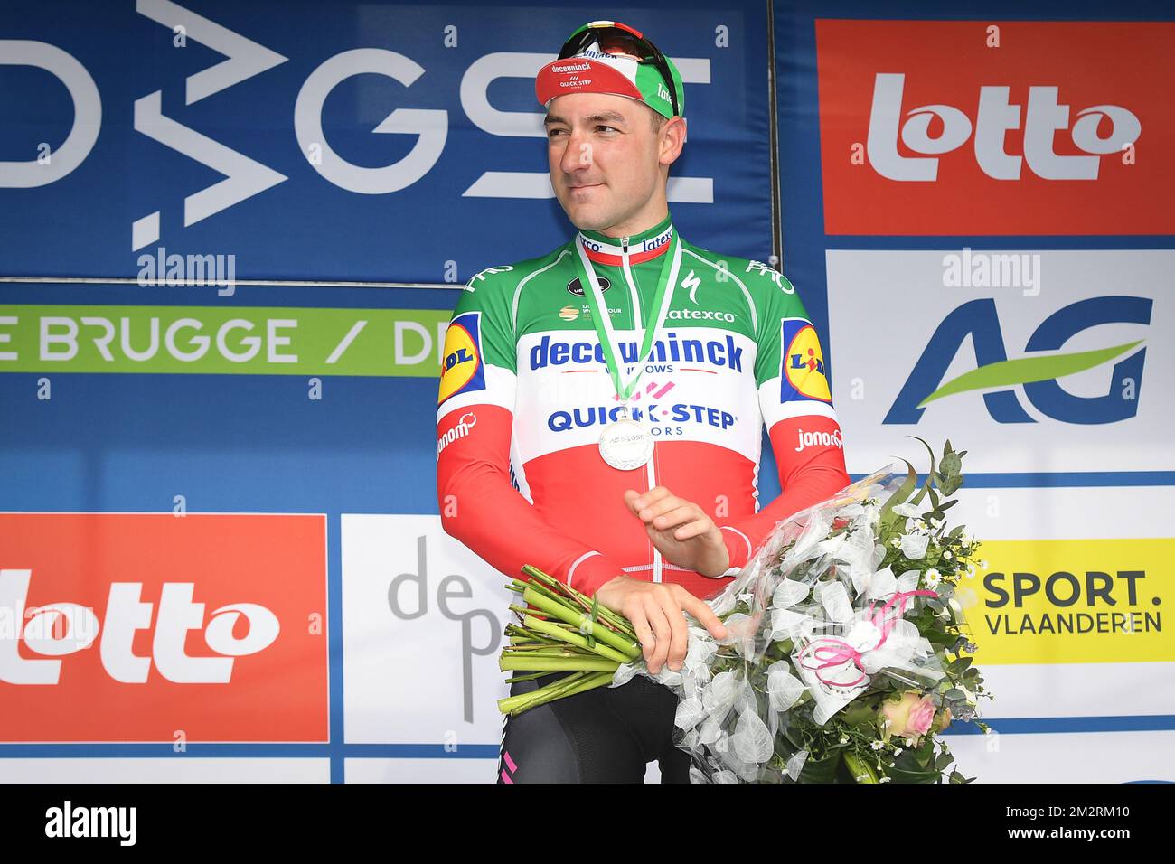 Italian Elia Viviani of Deceuninck - Quick-Step on the podium of the ...