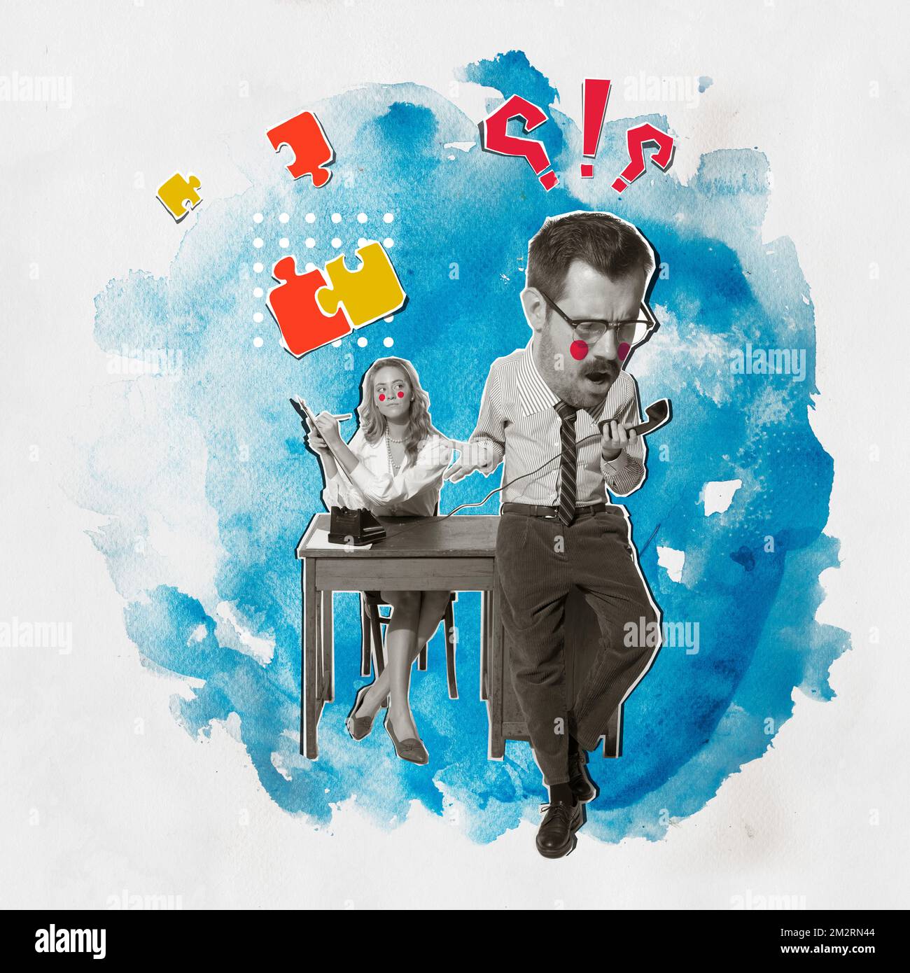 Contemporary art collage. Businessman emotionally talking on phone ...
