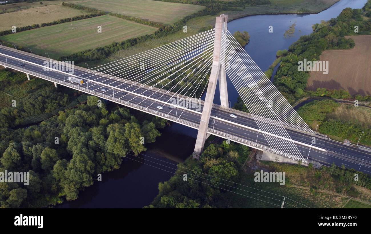 An aerial view of Mary McAleese Boyne Valley Bridge spans the Boyne ...