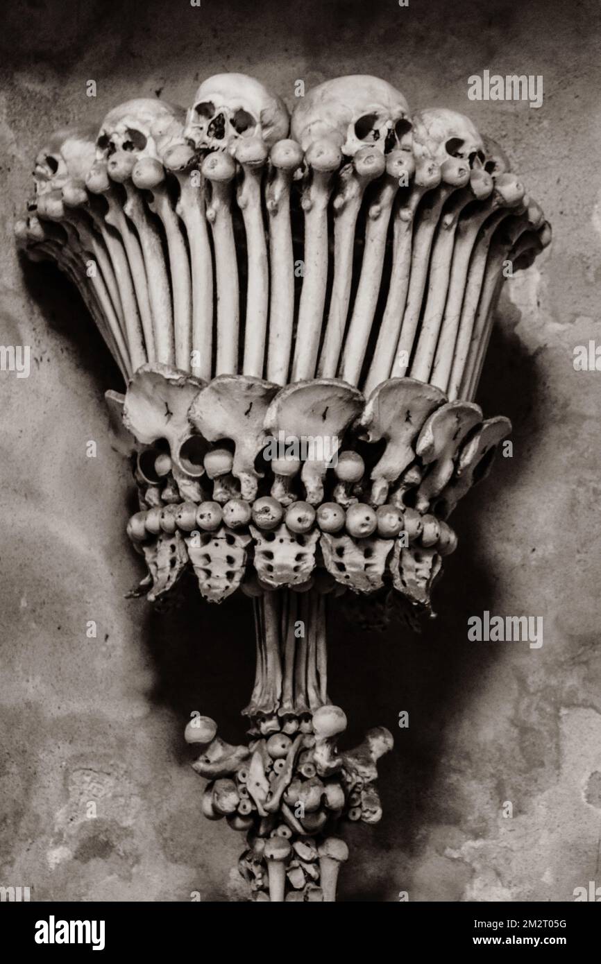 A vertical shot of human skulls and bones in Sedlec Ossuary Chapel in ...