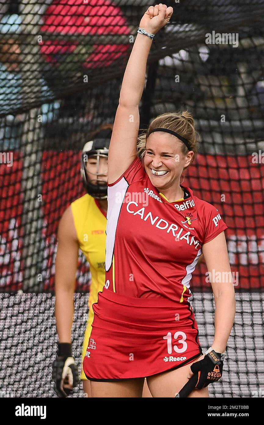 Belgium's Alix Gerniers celebrates after scoring during a hockey game ...