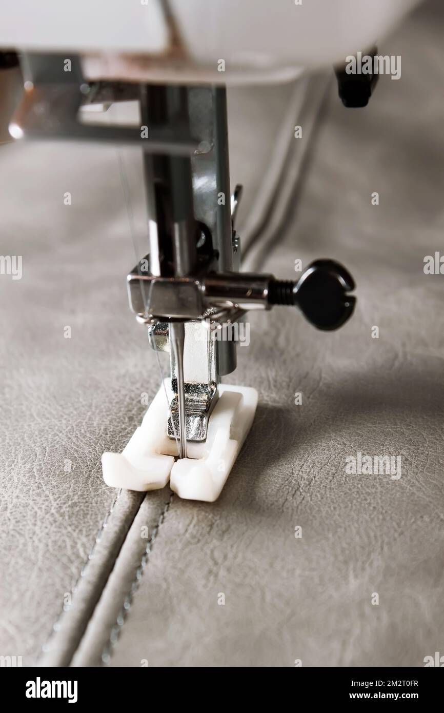 sewing machine with special presser foot makes a seam on grey leather ...