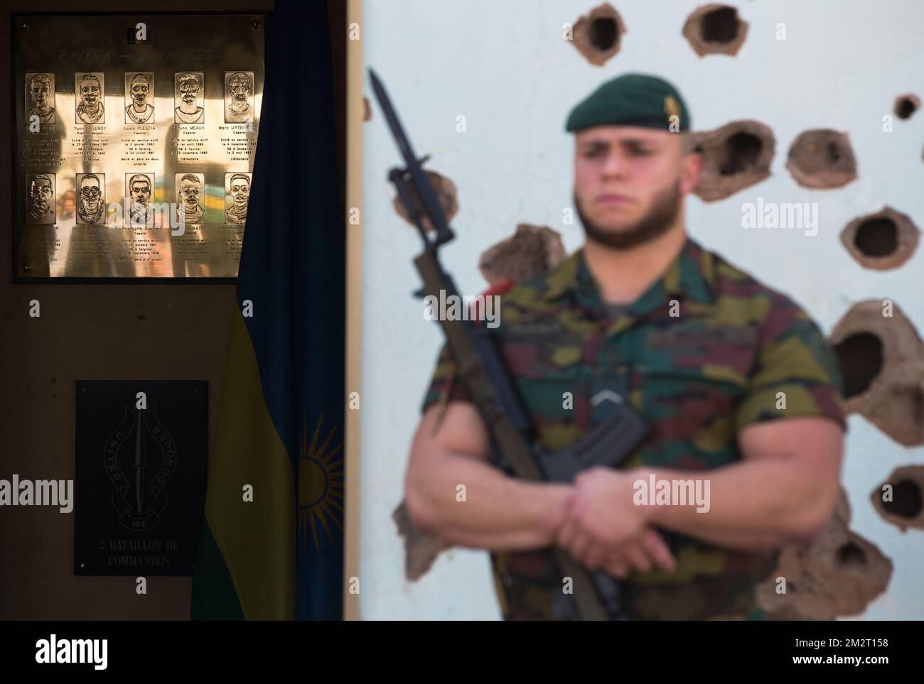 A memorial plaque pictured at a commemoration on the 'Camp Kigali' site ...