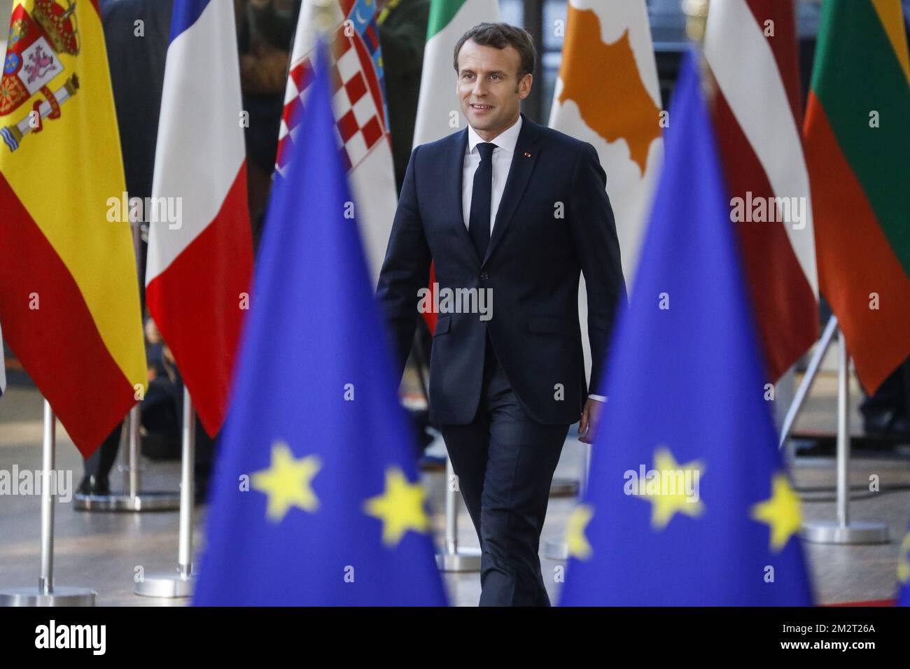 President of France Emmanuel Macron arrives at the EU summit meeting ...