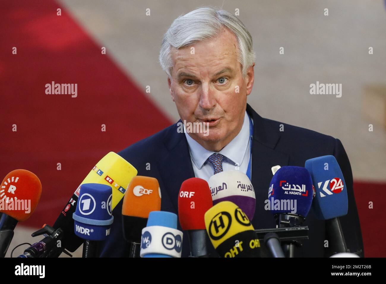 Brexit Chief Negotiator Michel Barnier talks to the press as he arrives ...