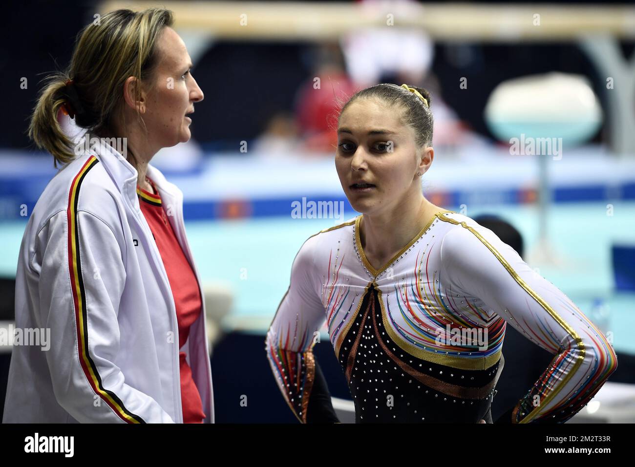 Belgian gymnastic coach Marjorie Heuls and Belgian gymnast Maellyse ...