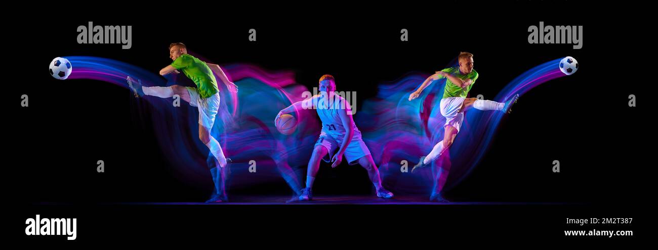 Collage. Sportive men, football and basketball athletes training ...