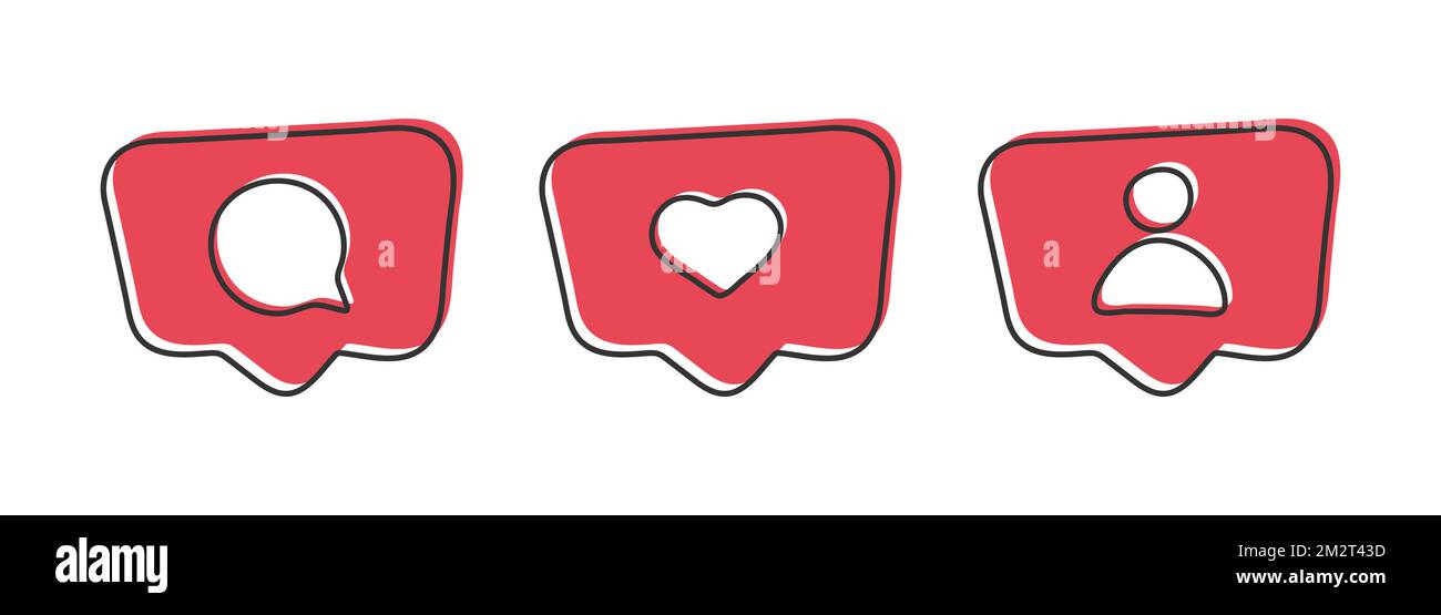 Social media notification flat icons in red color. Social media comment ...