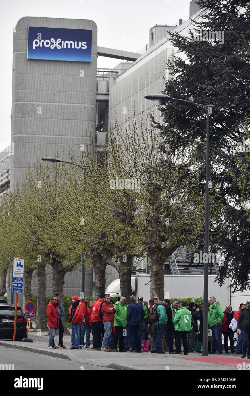 Proximus unions protest outside a general shareholders meeting of ...