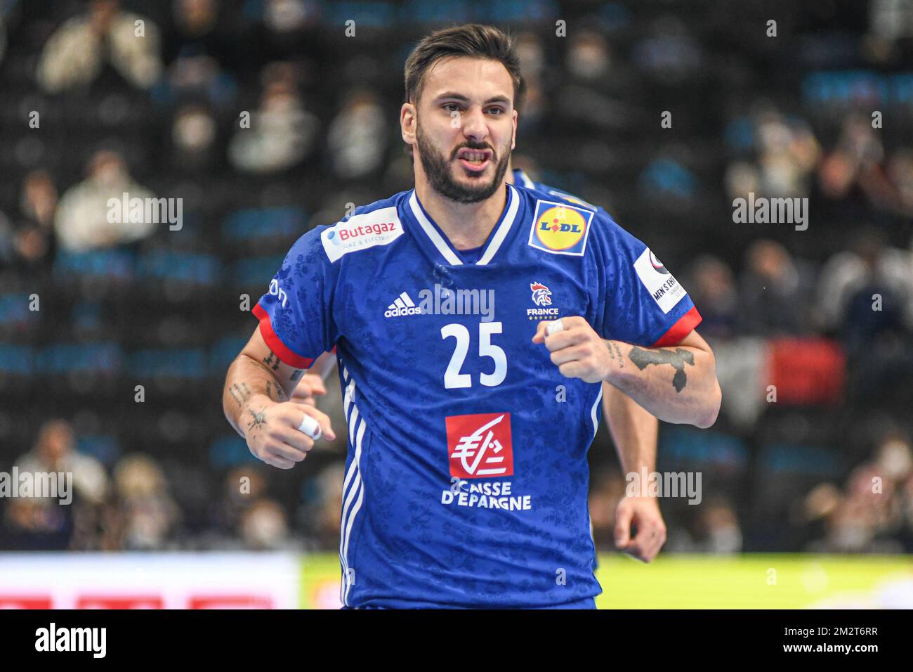 Hugo Descat (France) against Denmark. EHF Euro 2022. Main Round Stock ...