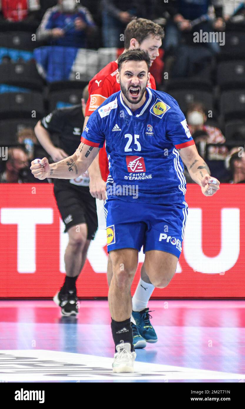Hugo Descat (France) against Denmark. EHF Euro 2022. Main Round Stock ...