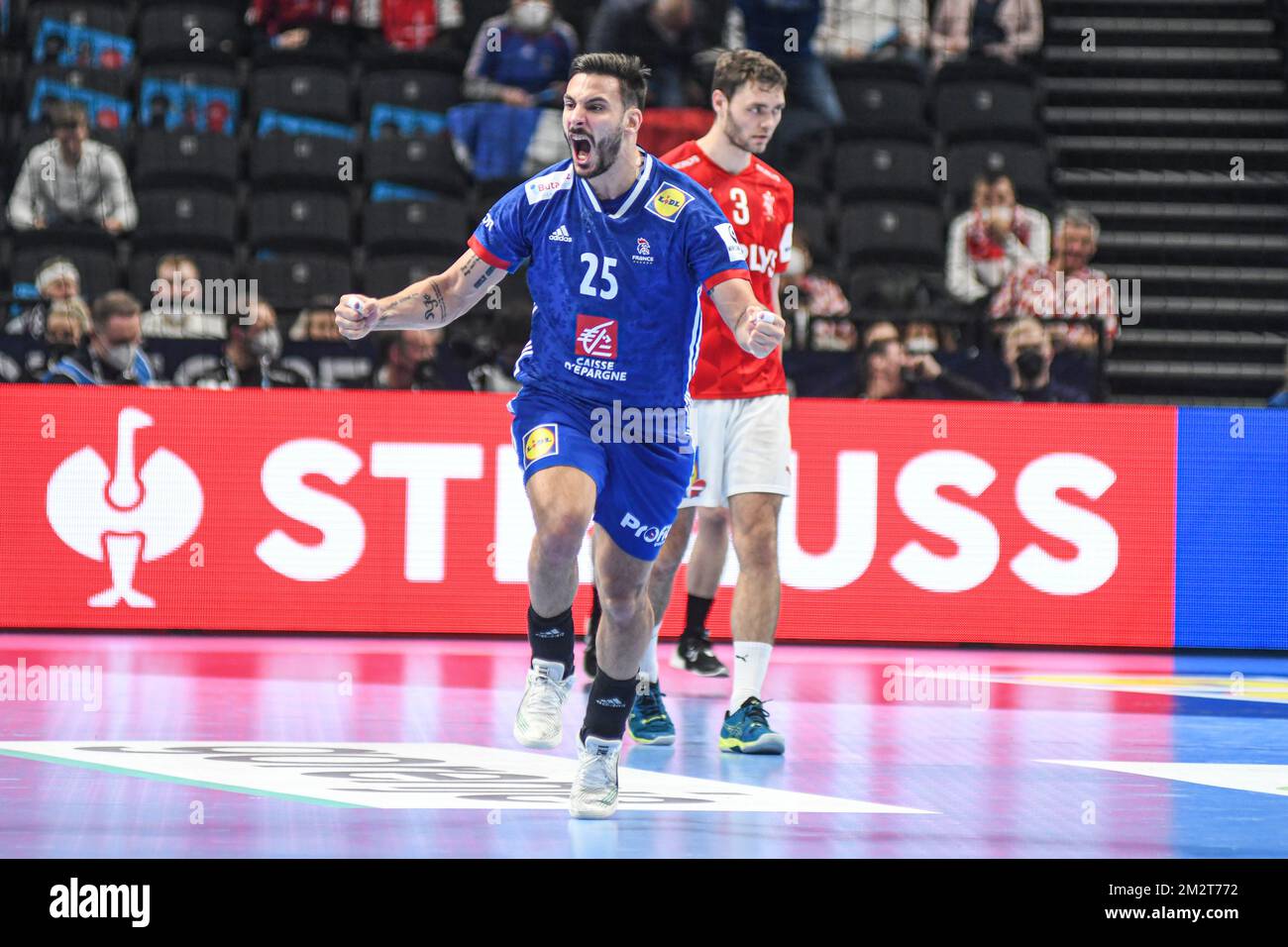 Hugo Descat (France) against Denmark. EHF Euro 2022. Main Round Stock ...