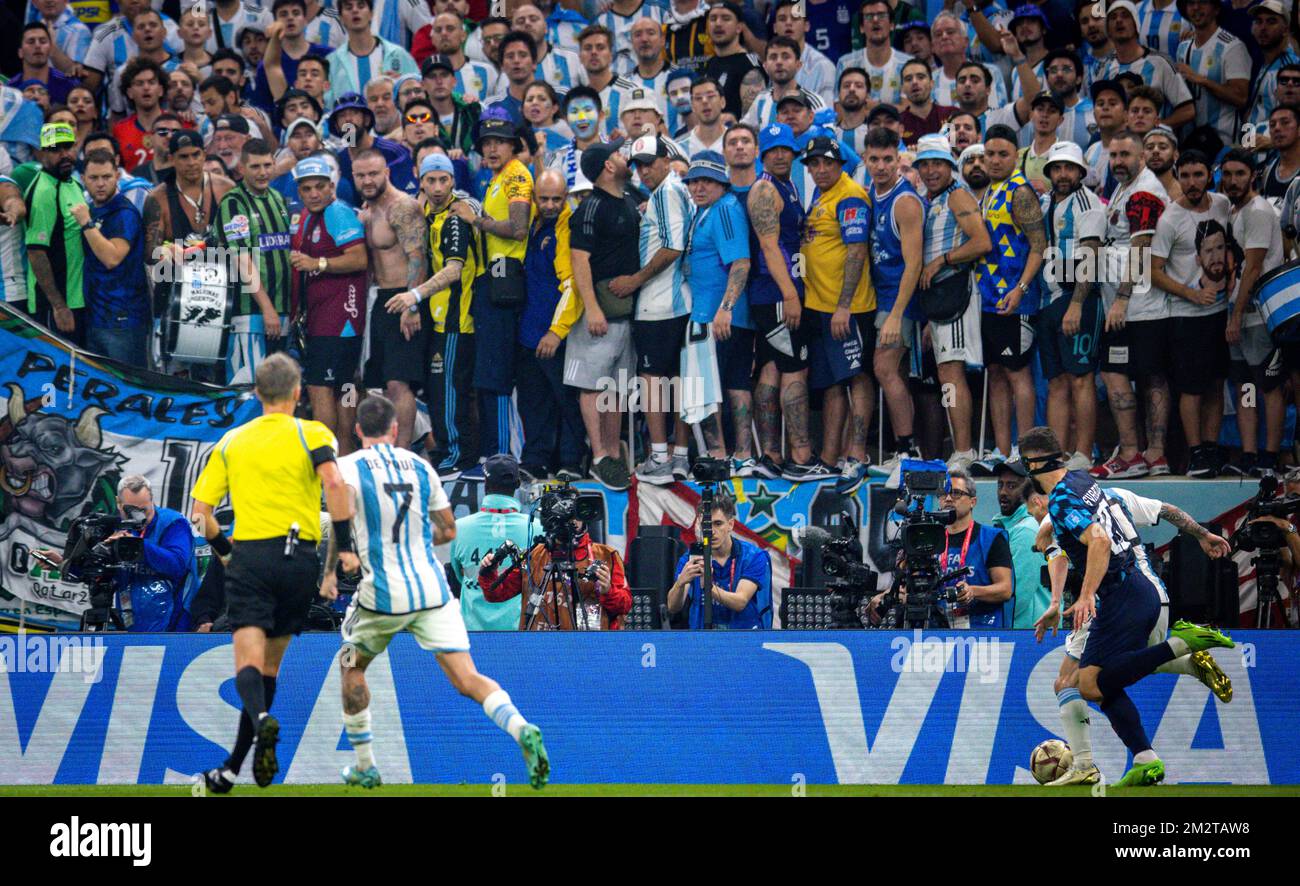 Doha, Qatar. 13th Dec, 2022. Lionel Messi (Arg) infant of the fan block ...