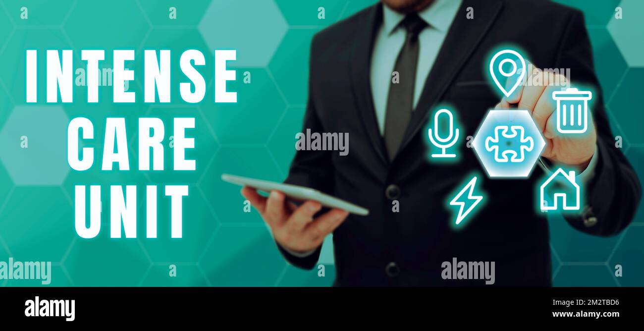 Text caption presenting Intense Care Unit. Word for a unit in a ...