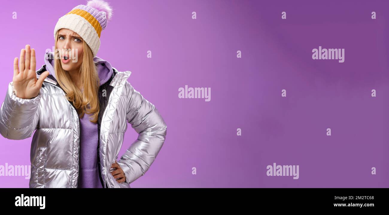 Wow slow down wait sec. Displeased freak-out bothered blond girl raise ...
