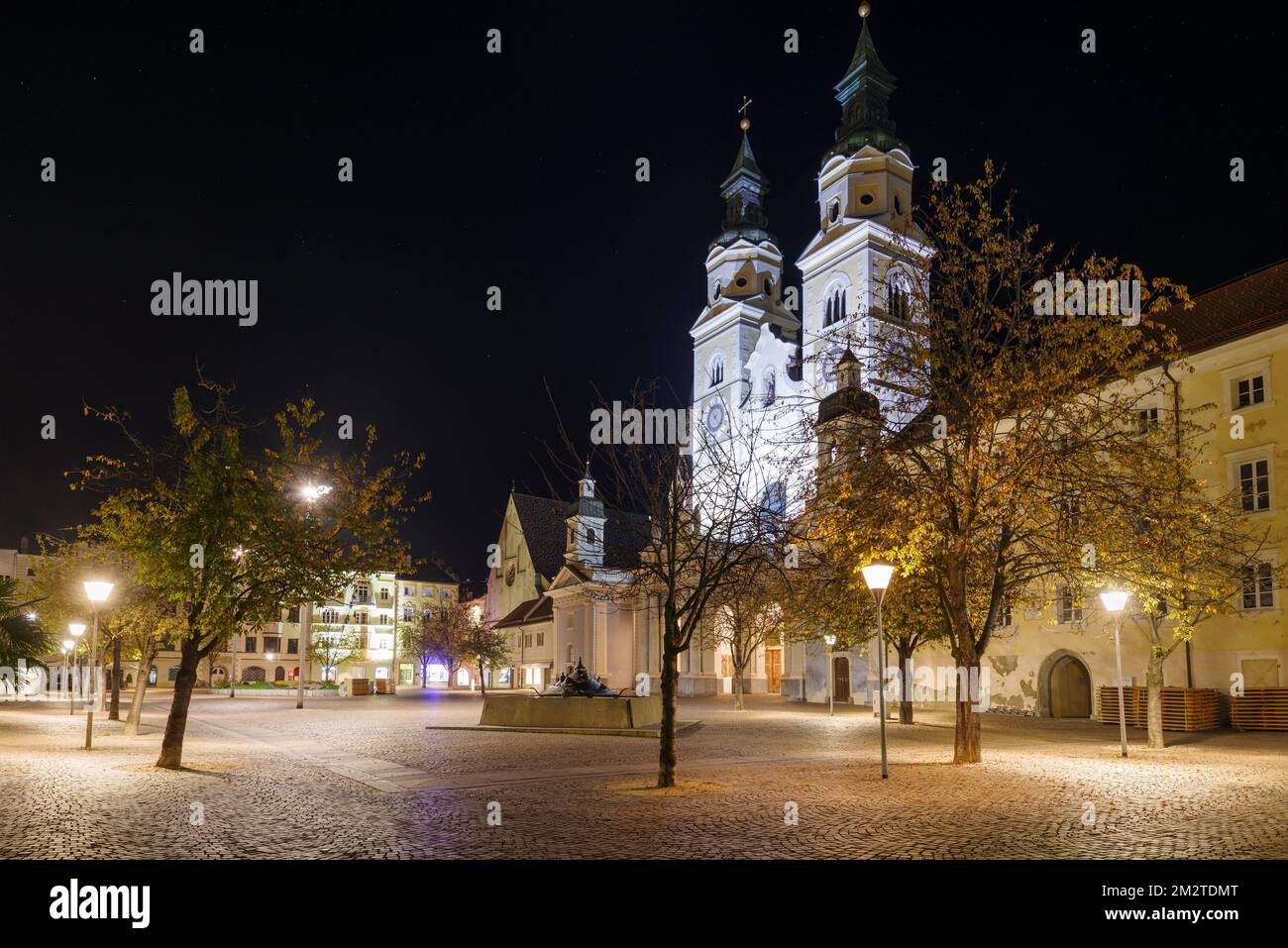 Night view the main facade Brixen Cathedral (Duomo di Bressanone) from ...