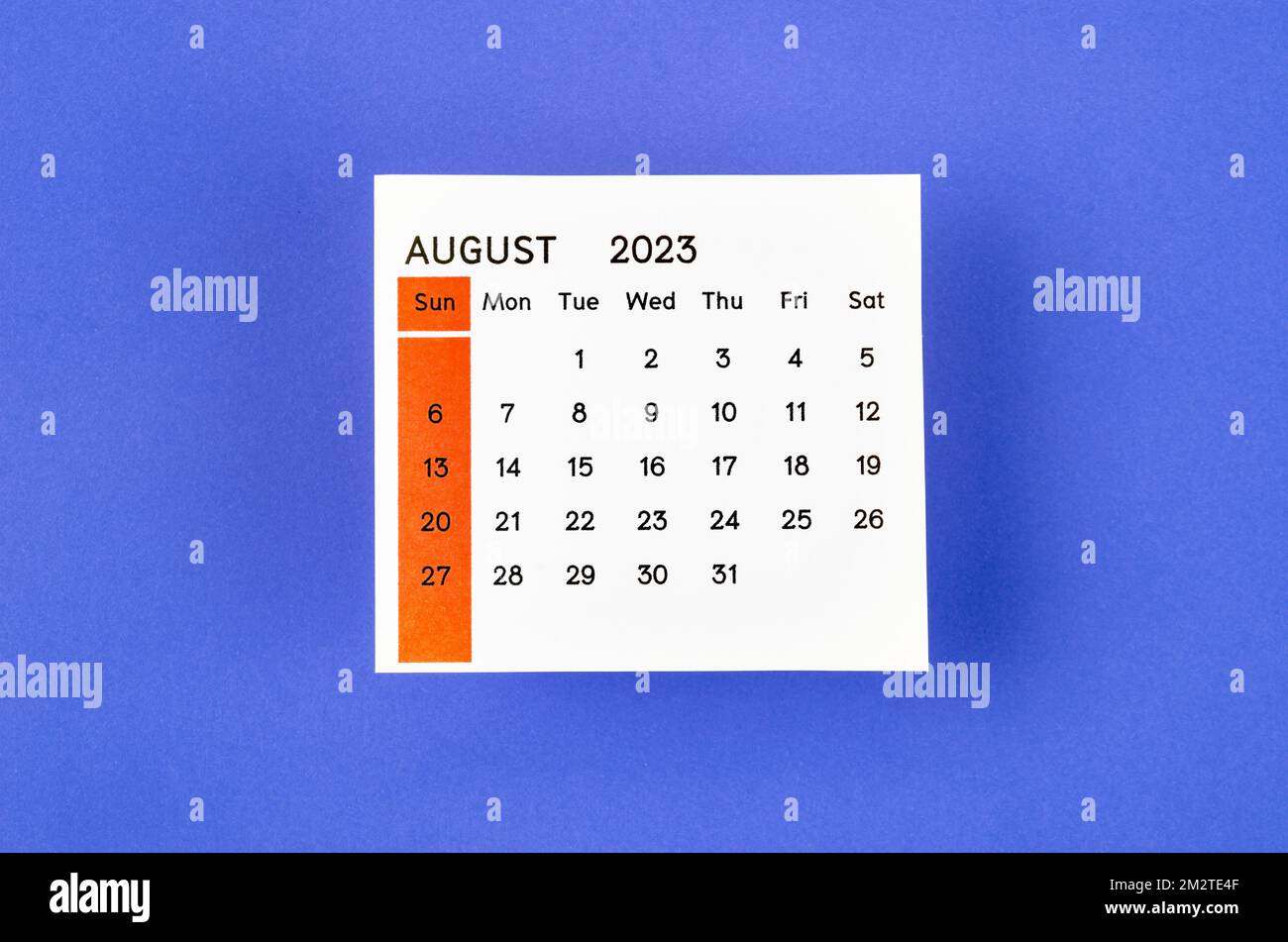 August 2023 Monthly calendar for 2023 year on purple background Stock ...
