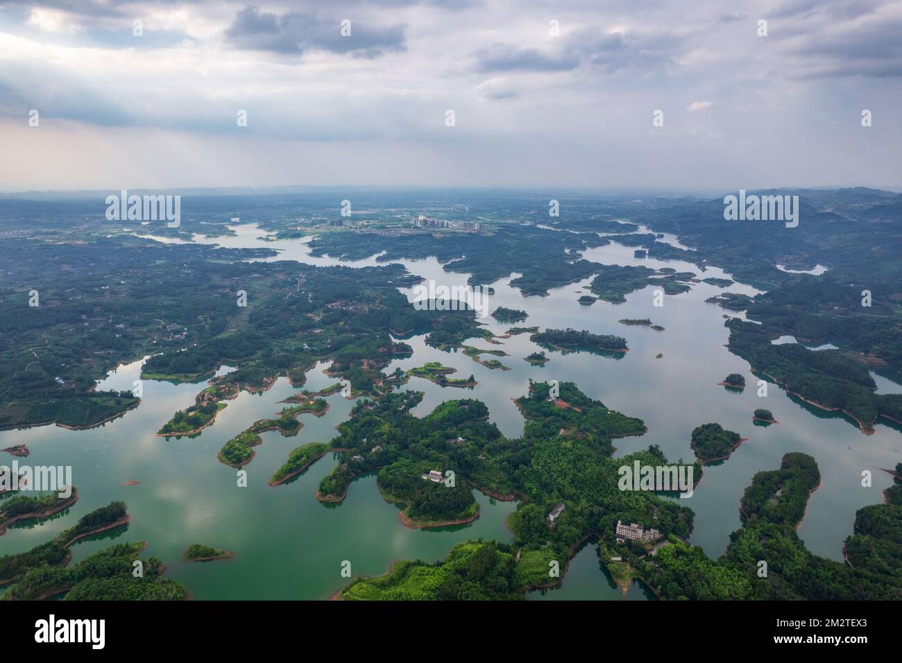 An aerial view of the Heilongtan Reservoir, Renshou County, Meishan ...