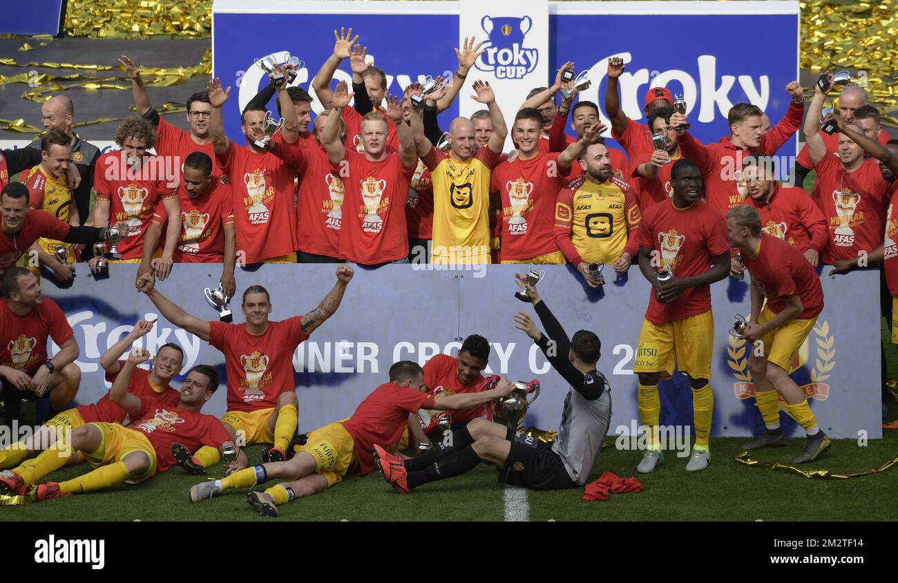 Mechelen's players celebrate after winning a soccer game between KAA ...