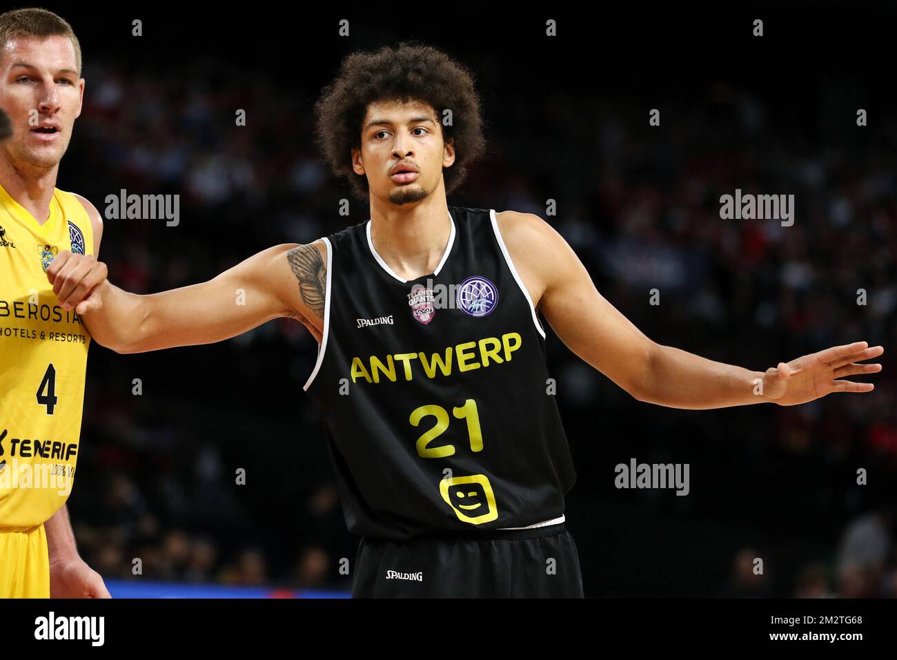 Antwerp's Ismael Bako and Canarias' Colton Iverson pictured in action ...