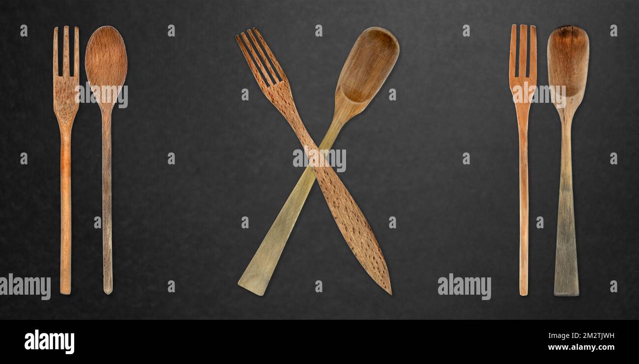 Topview of Set Cooking Wooden Utensils on Dark Background Stock Photo ...