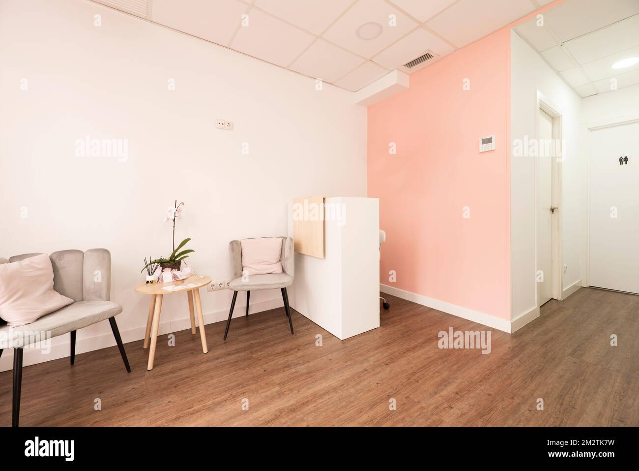 Reception desk of a beauty salon with treatment booths and a waiting ...