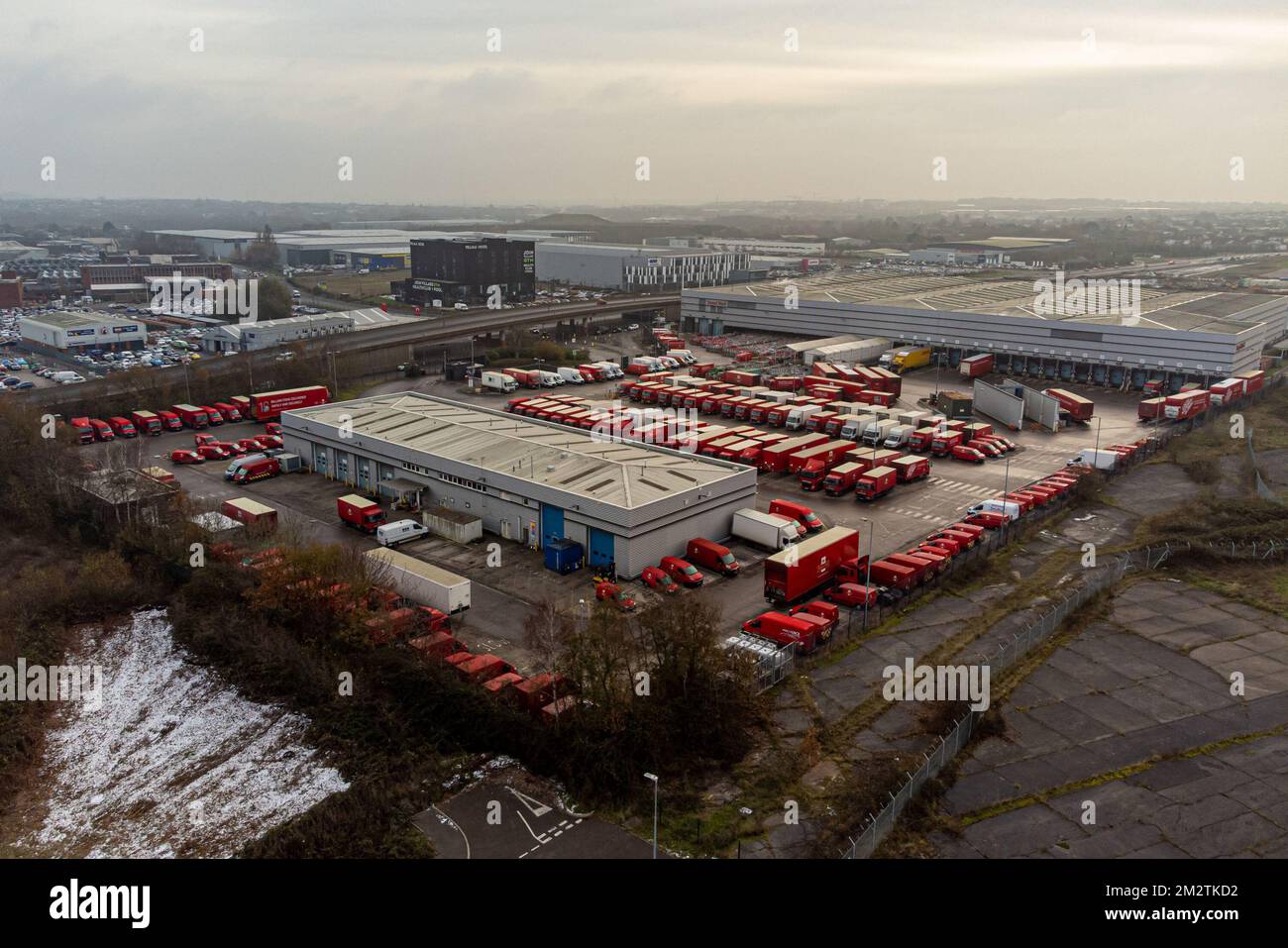 Royal Mail delivery vehicles and cages of mail at the Bristol Filton ...