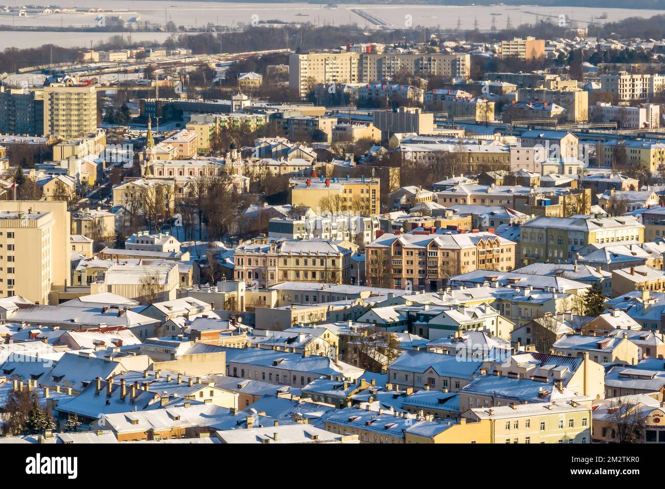 winter panoramic aerial view of a huge residential complex with high ...