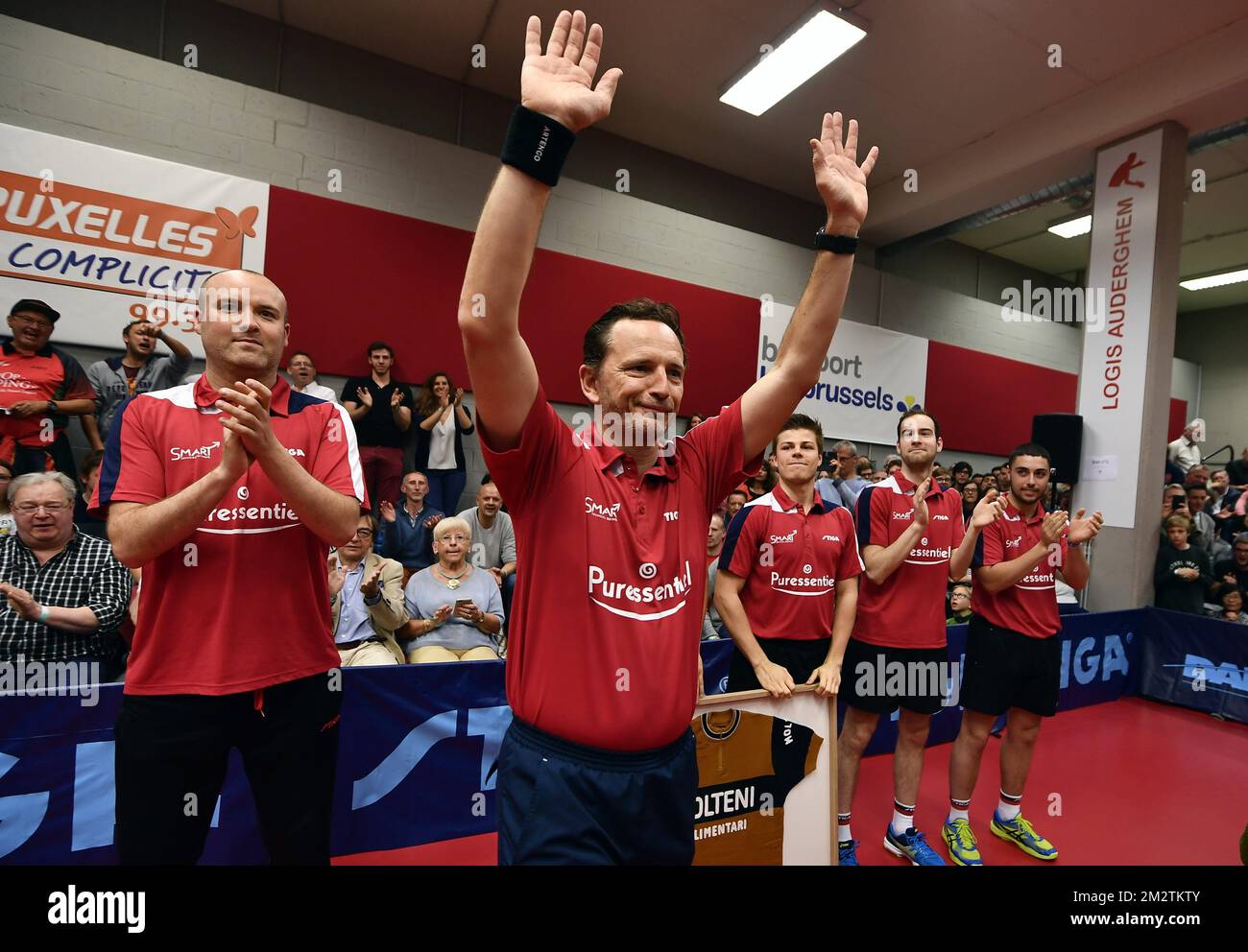 Belgian Jean-Michel Saive is honoured before his last table tennis ...