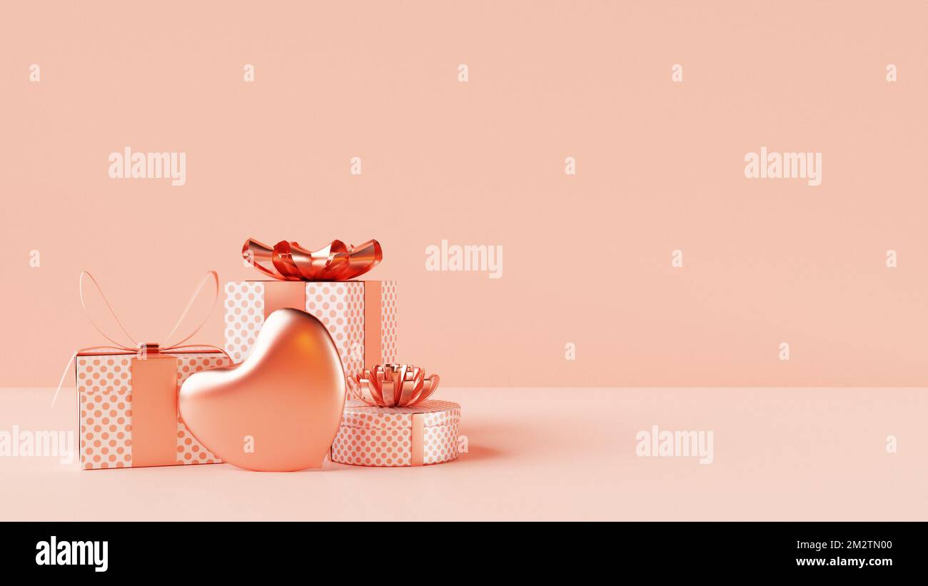 Valentines day celebration. Gift boxes with flying heart shape balloons ...