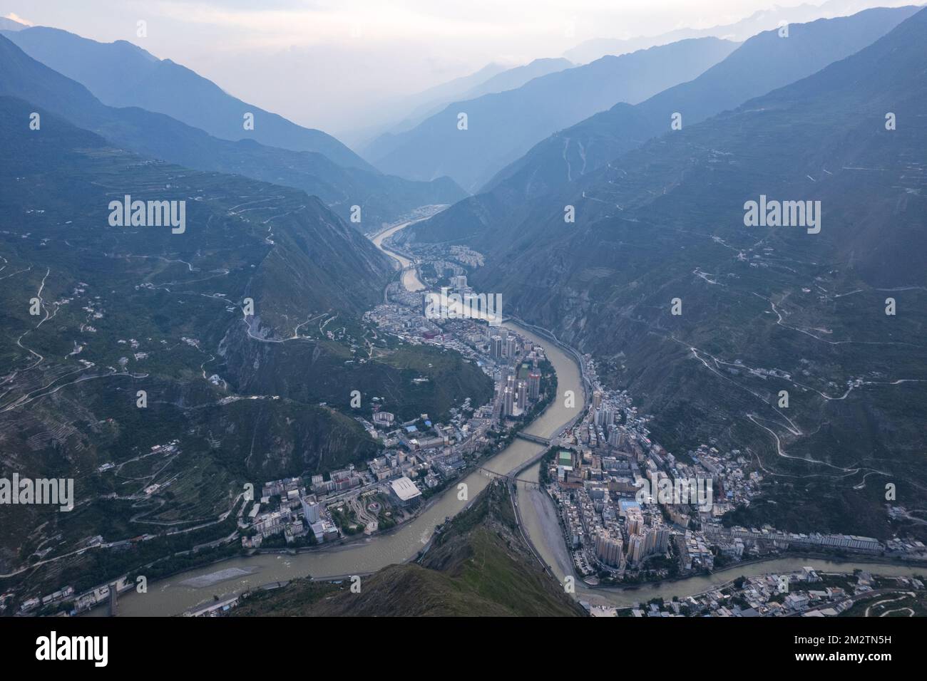 An aerial view of Wenchuan County, Aba Prefecture, Sichuan Province and ...