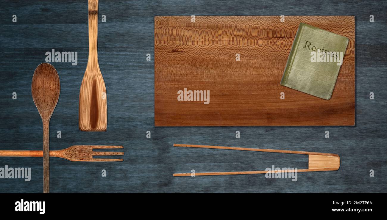 Topview of Set Cooking Wooden Utensils Cutting Board and Recipe Book on ...