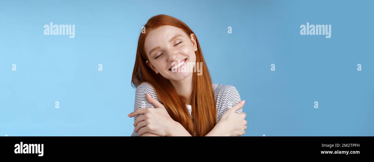 Tender romantic cute young gentle redhead girlfriend close eyes dreamy ...