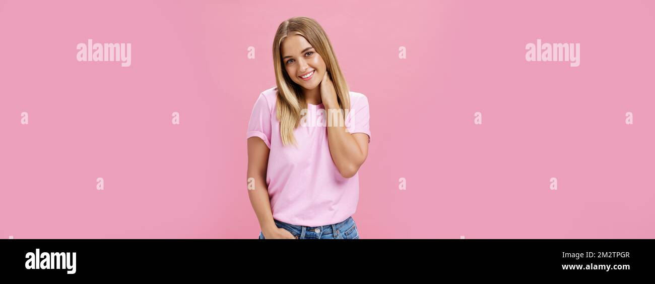 Portrait of shy and timid attractive european woman with fair hair in ...