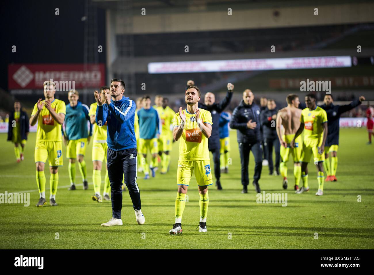 Gent's players celebrate after winning a soccer match between Royal ...