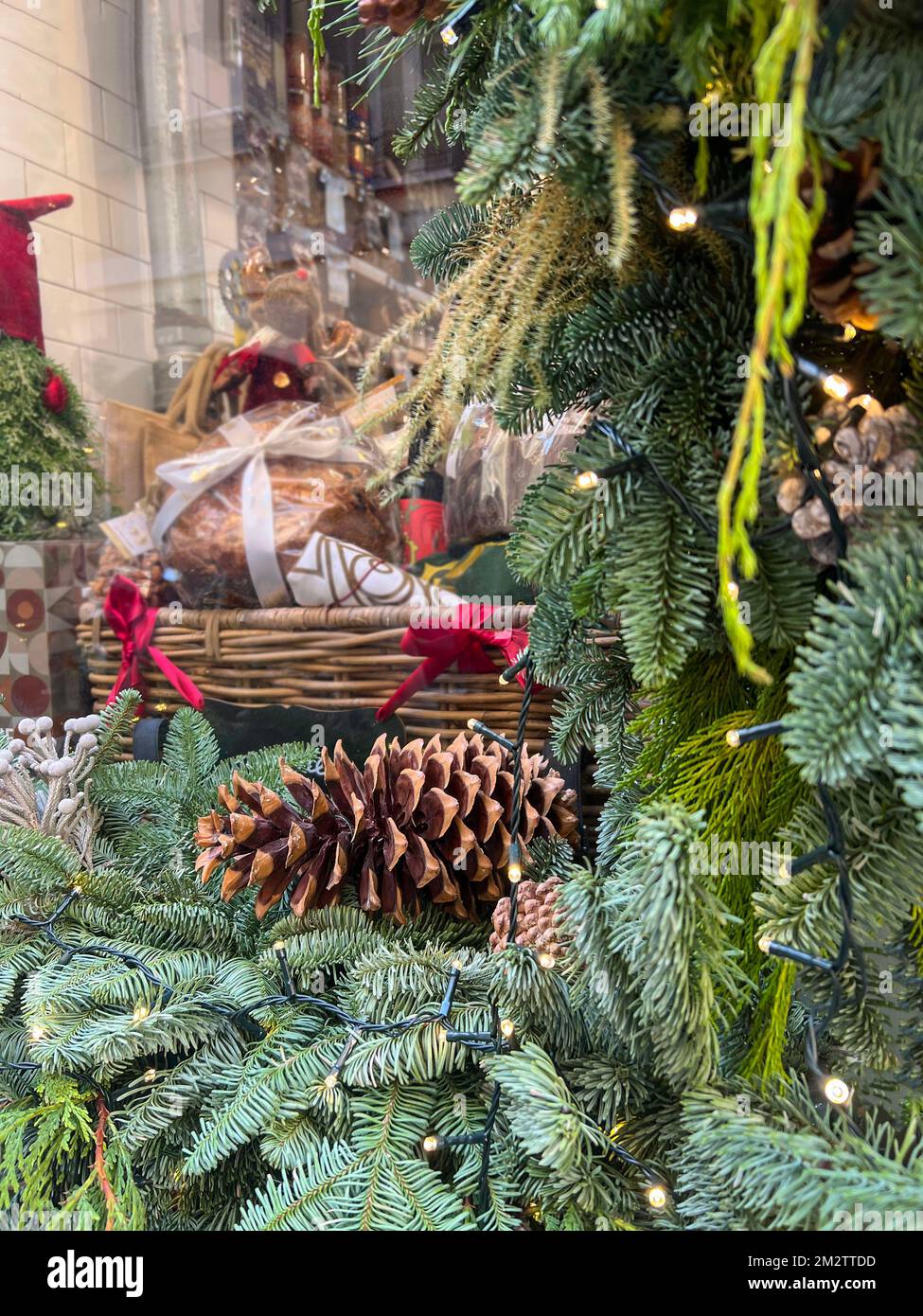 christmas shopping, shop window decorated with christmas tree and ...