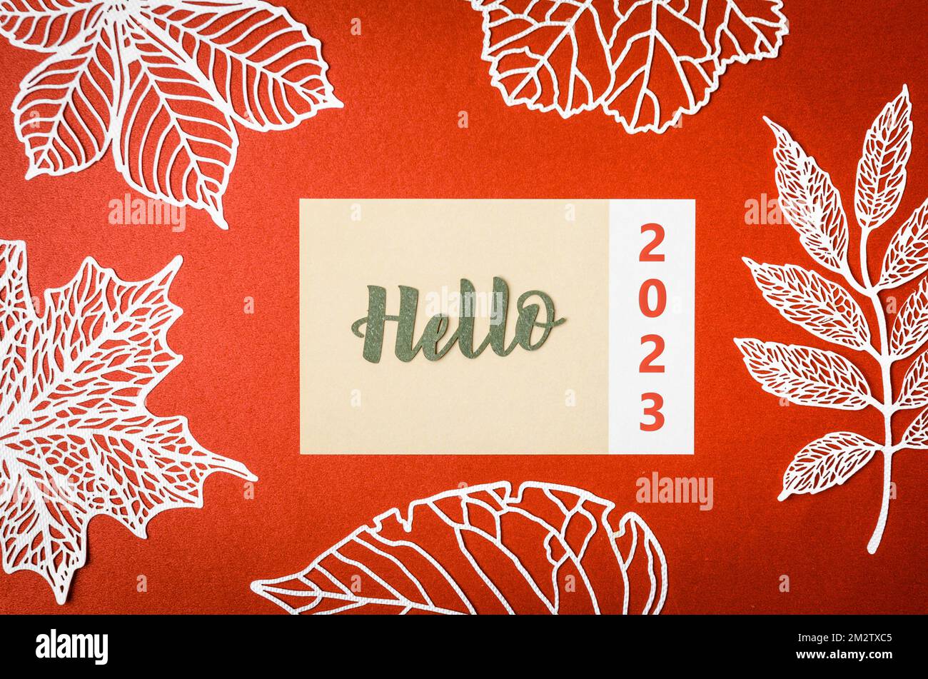 Hello 2023 text on note paper and paper leaves on red background Stock ...