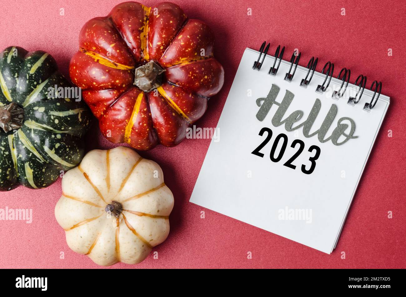 Hello 2023 text on diary and pumpkins on red background Stock Photo - Alamy