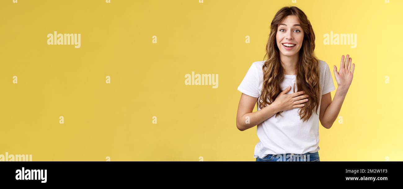 Girl introduce herself friendly joyful casual conversation smiling ...