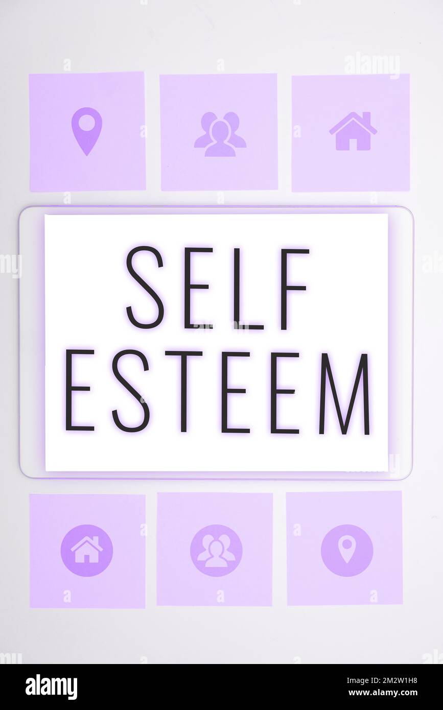 Hand writing sign Self Esteem. Word Written on a feeling of having ...