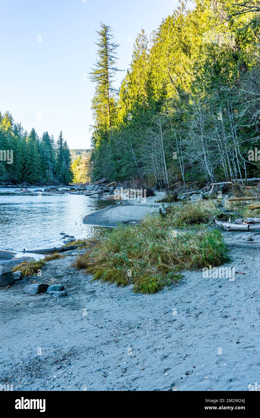Large rocks line the Snoqaulmie River in Washington State Stock Photo ...