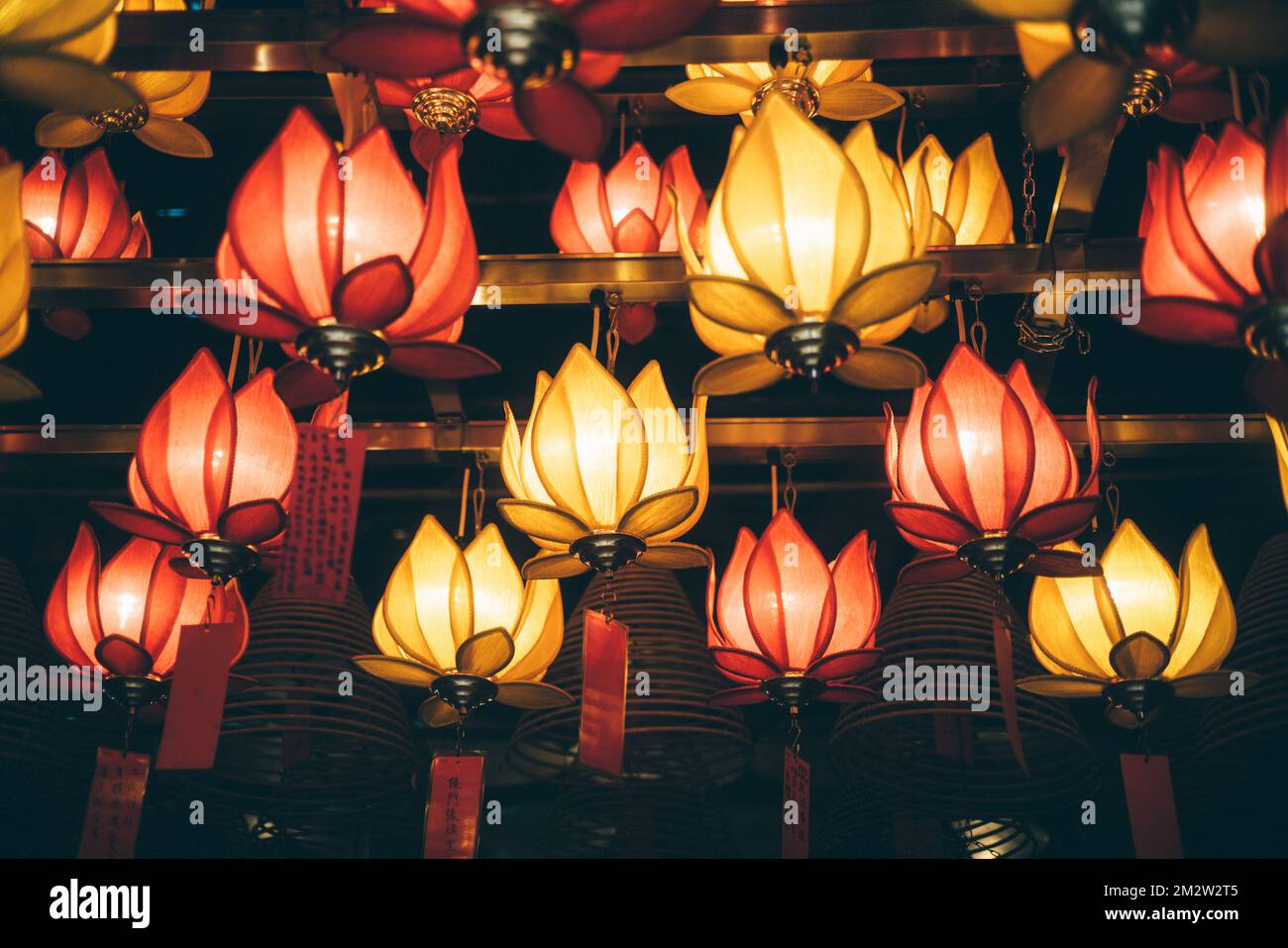 A closeup of colorful lotus shaped lanterns hanging in a temple Stock ...